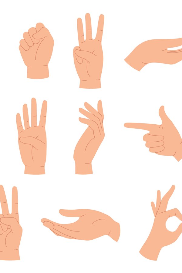 Hands poses. Female hand holding and pointing gestures, fing