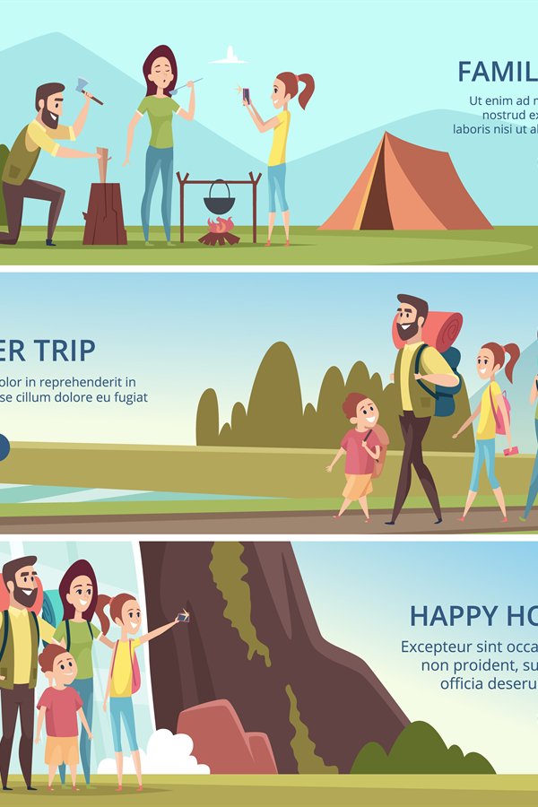 Family hiking banners. Kids with parents camping outdoor exp