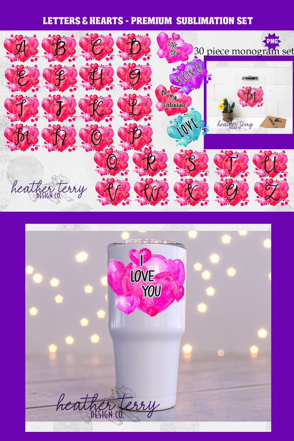 Letters and Hearts Watercolor monogram sublimation bundle