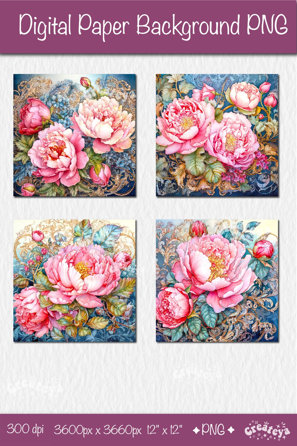 Digital Paper pink and blue Backgrounds Watercolor Flowers