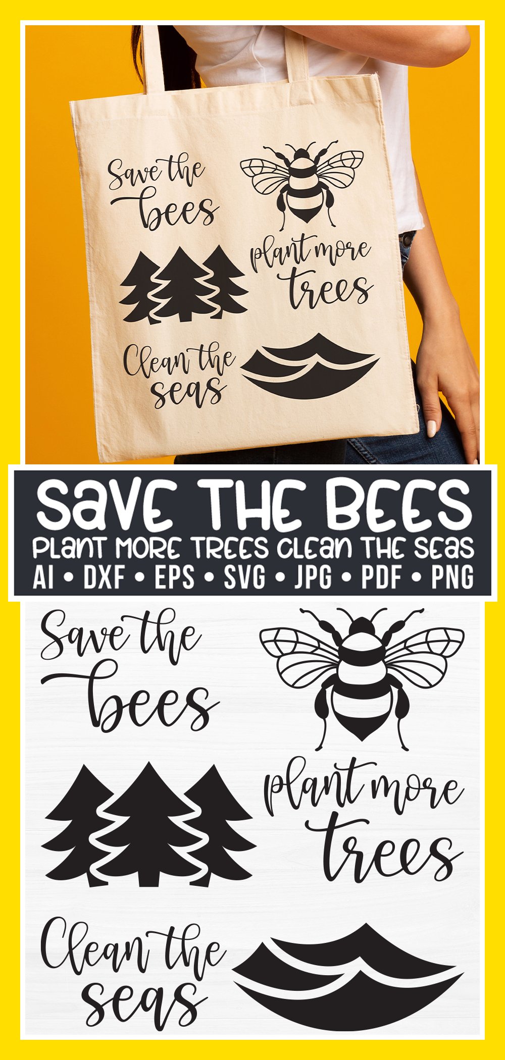 Save the bees plant more trees clean the seas SVG