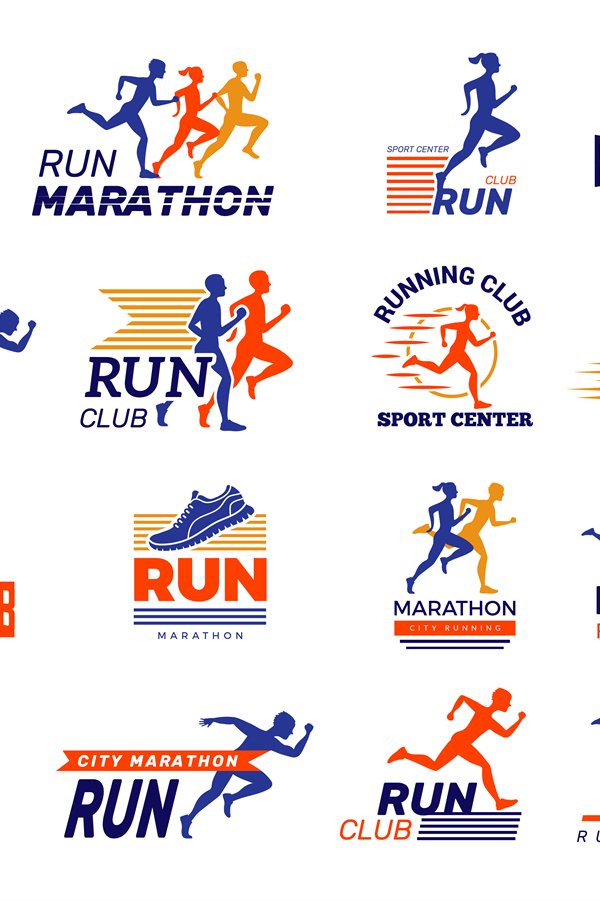 Sport logo. Healthy running marathon athletes sprinting badg