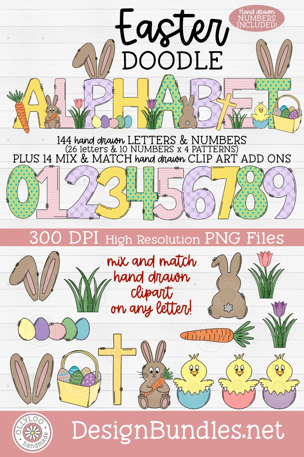Easter Doodle Alphabet with Hand Drawn Numbers & Clipart