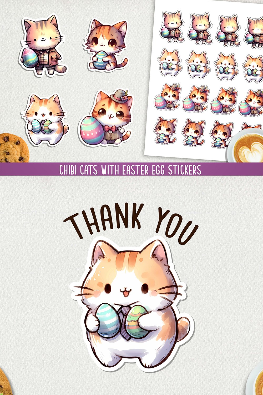 Chibi cat with easter egg stickers, PNG.