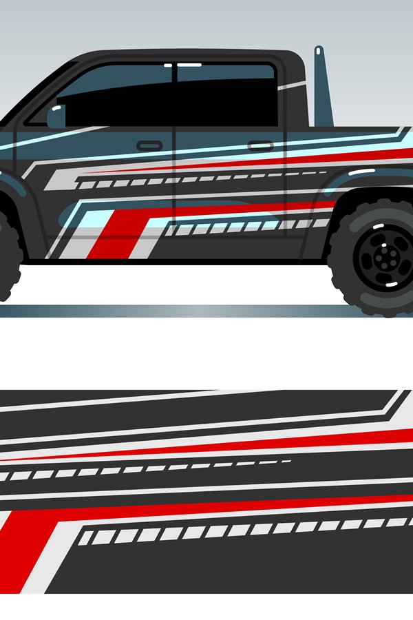 Racing car design. Vehicle wrap vinyl graphics with stripes