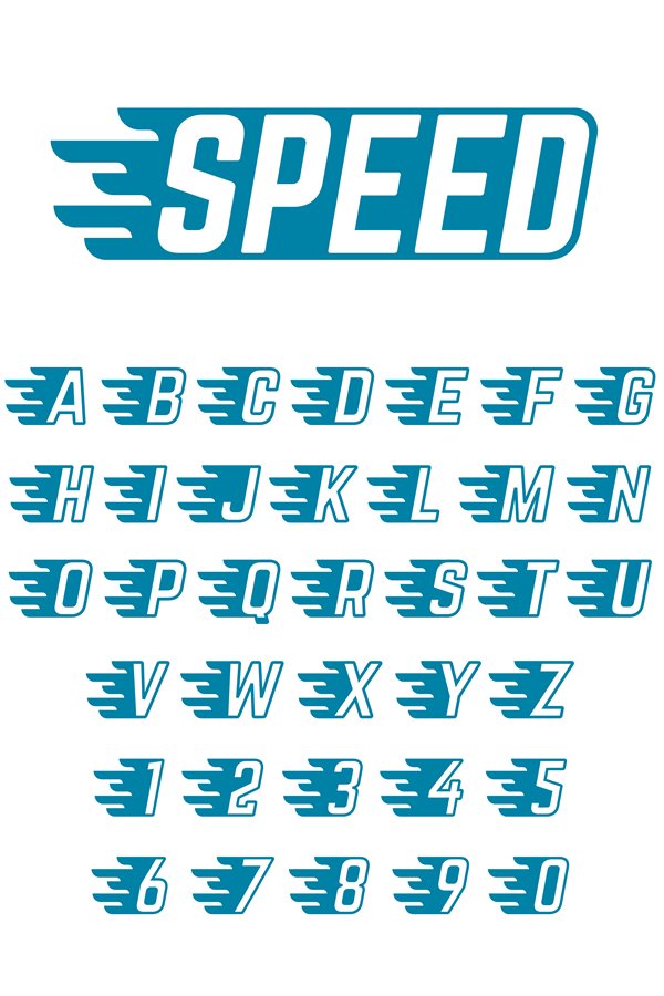 Speed flying vector alphabet. Fast symbols typeface for raci