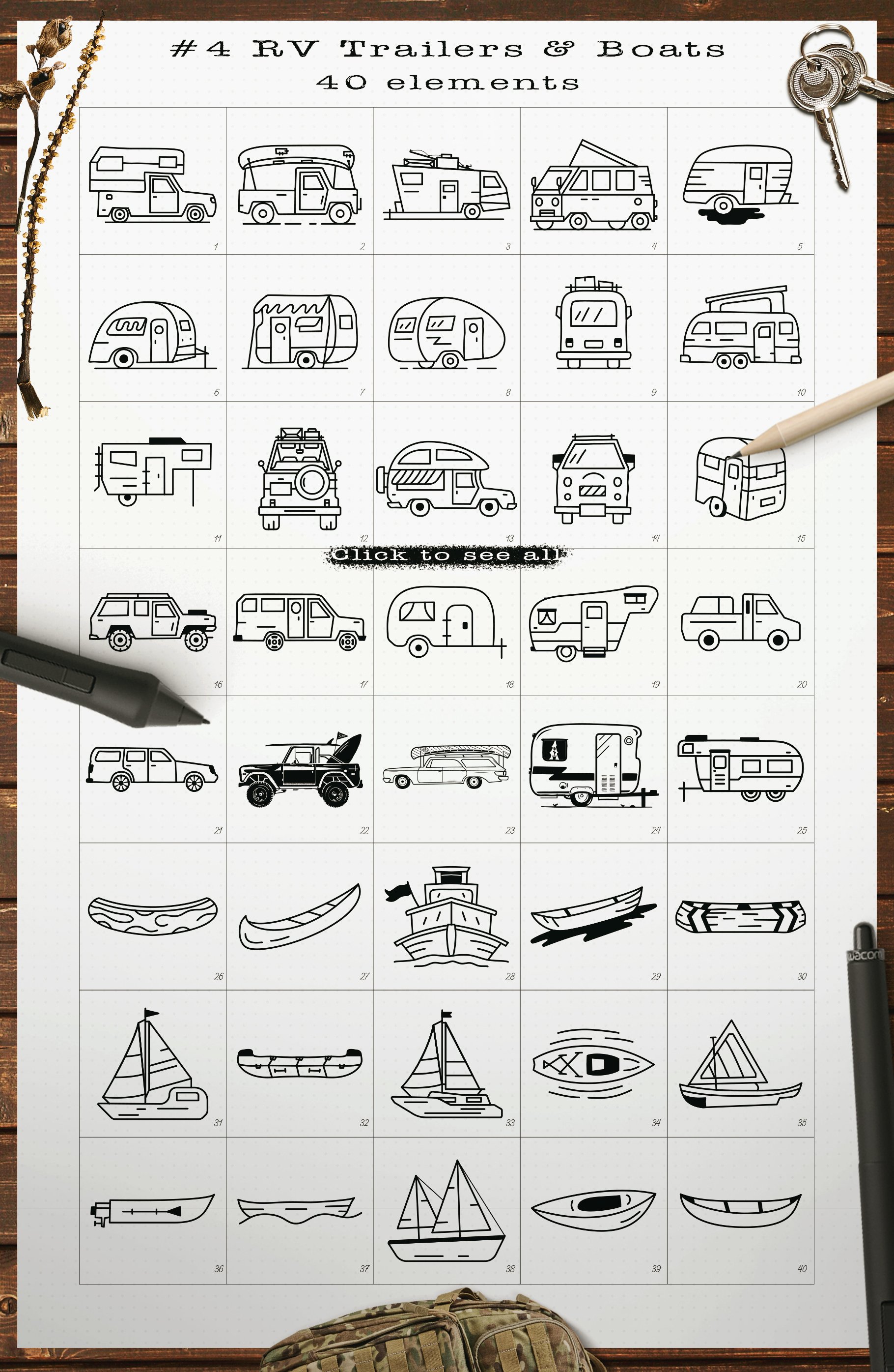 40 Camp SVG Icons Bundle with Line Art RV Trailers Boats DXF