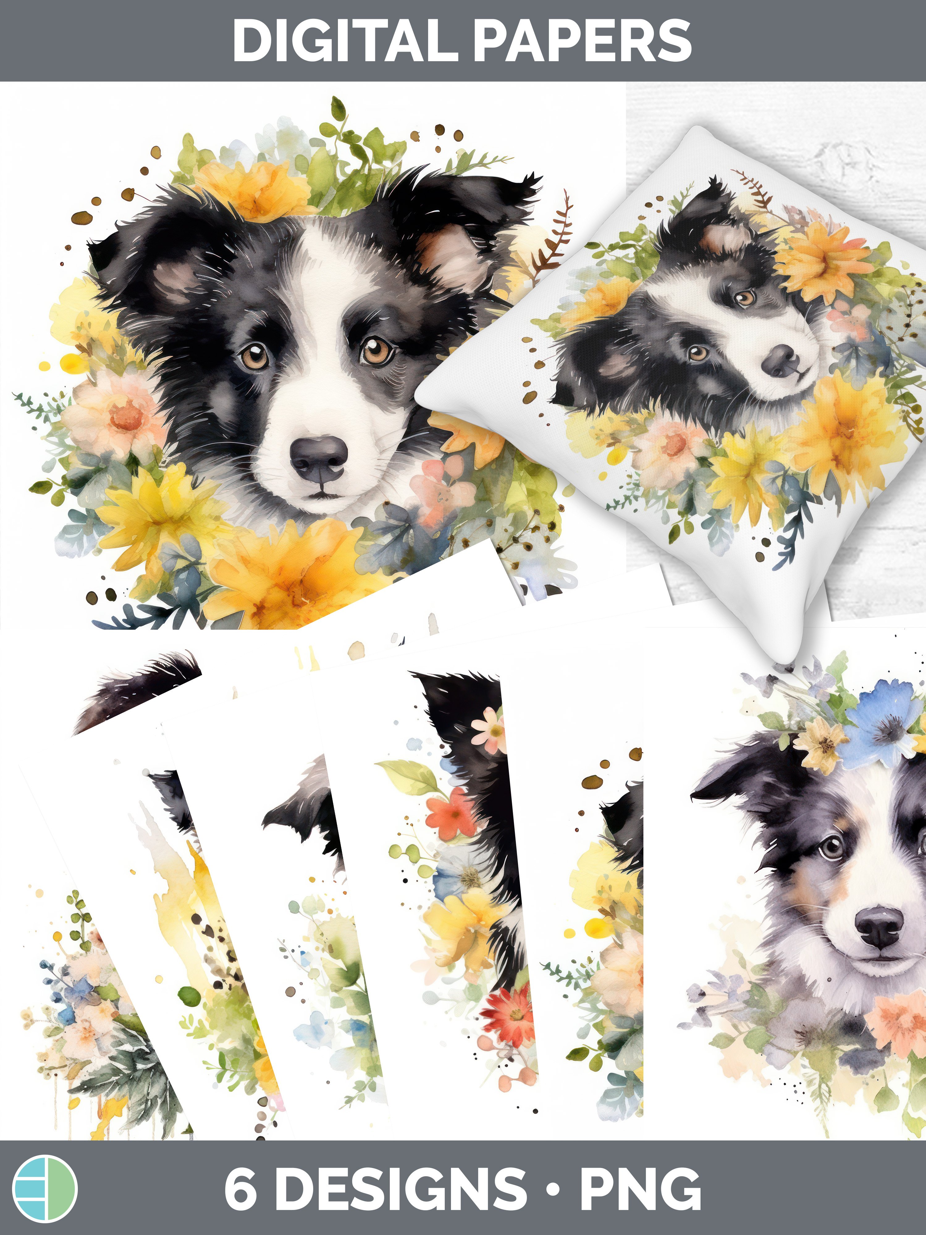 Watercolor Border Collie Dog Paper Backgrounds | Digital Scr