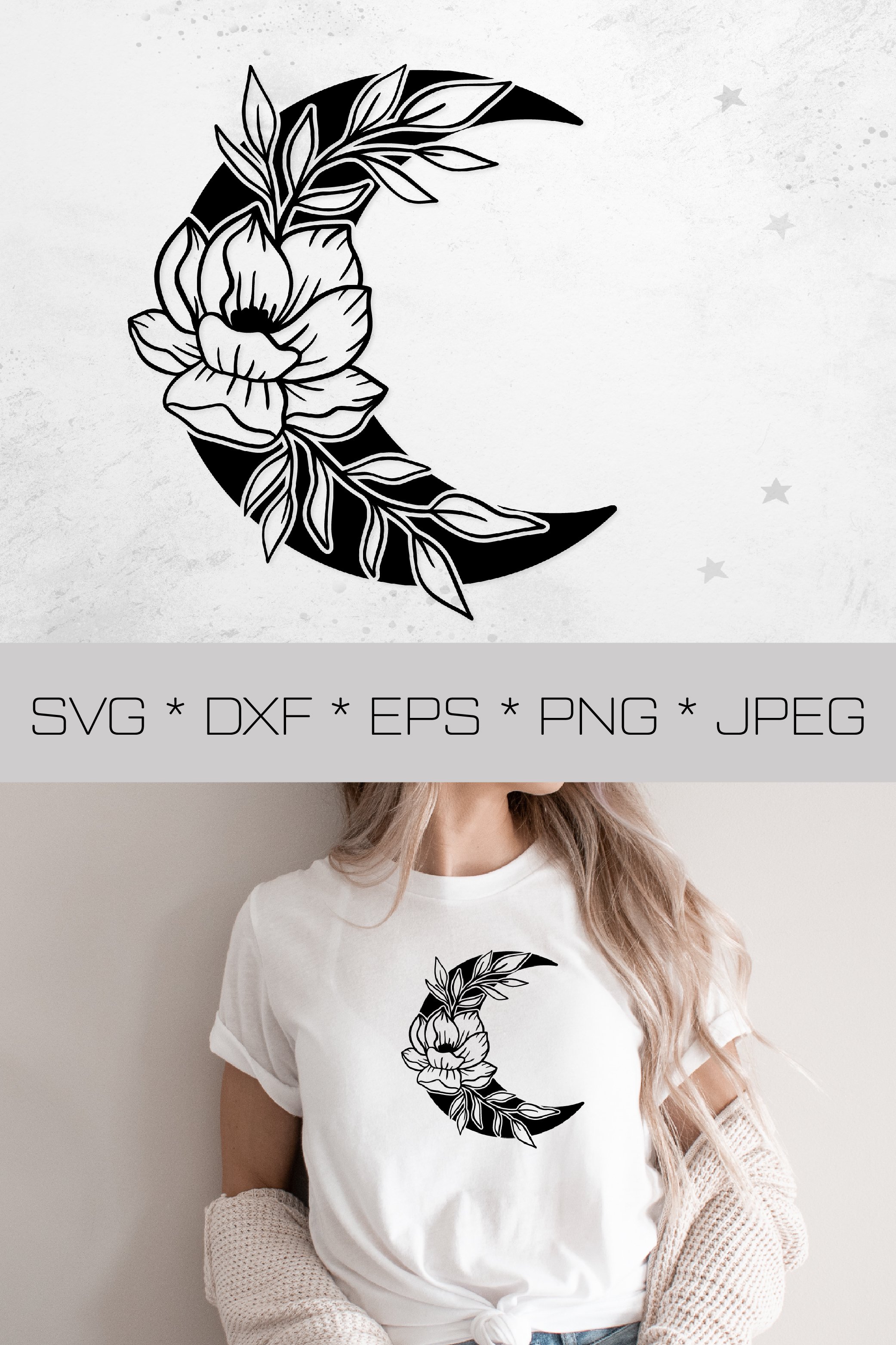 Celestial Crescent Moon with magnolia flower Svg Cut File