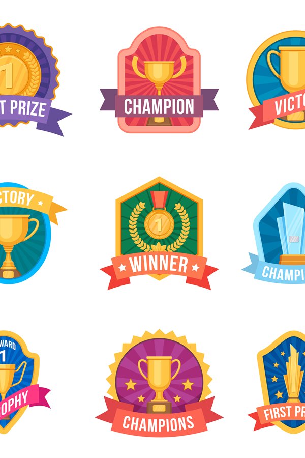 Champion emblems. Trophy cups and medals on award logos and