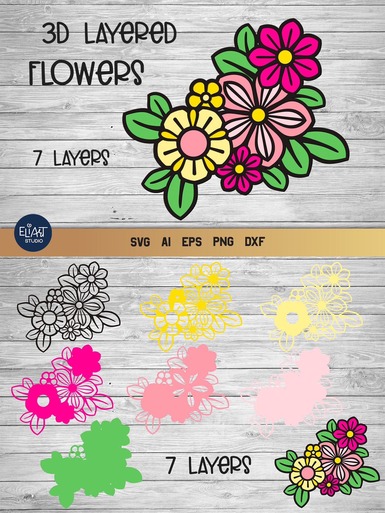 Layered SVG Flower | 3d SVG Flowers | 3d Floral Bouquet