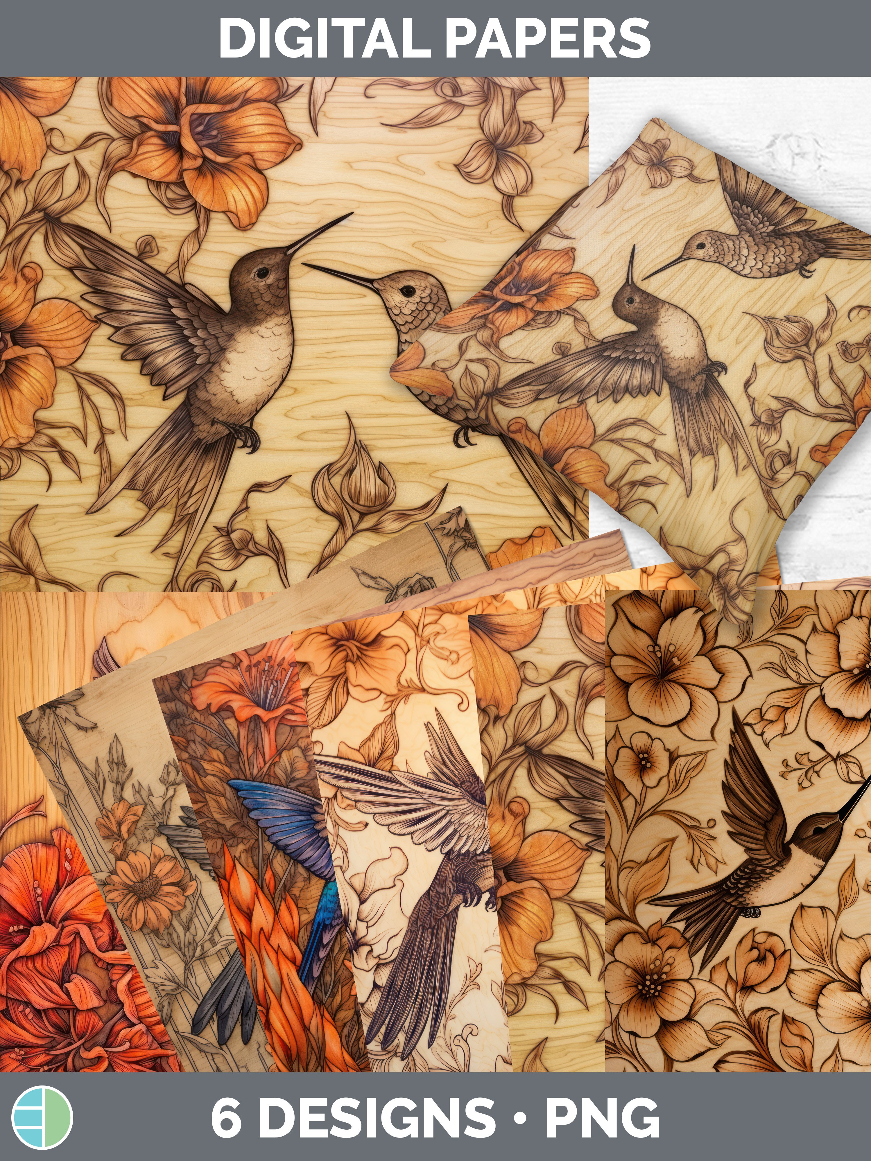 Wood Burned Hummingbird Bird Paper Backgrounds | Digital Scr