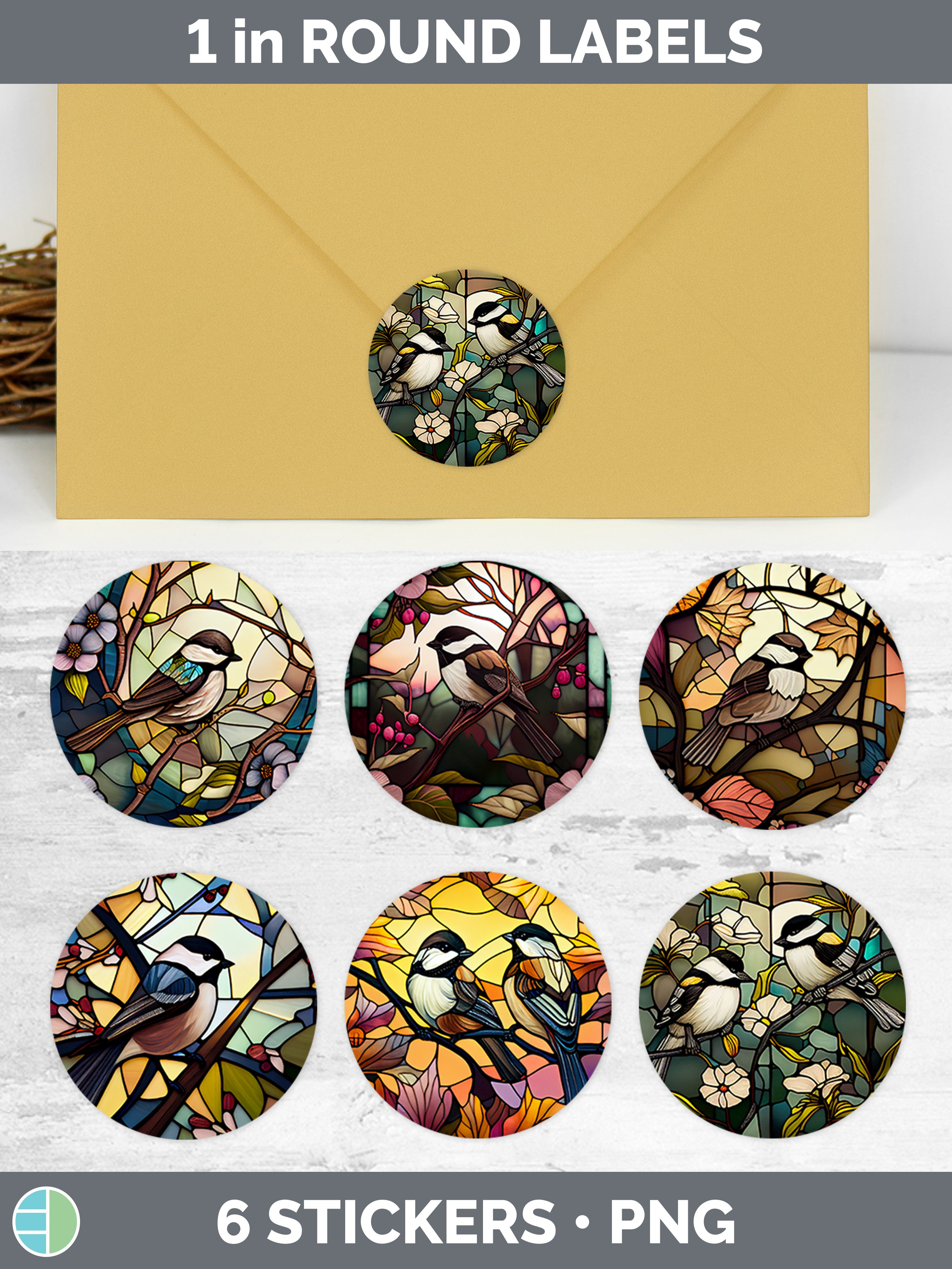 Stained Glass Chickadee Bird Stickers | Round Labels Designs