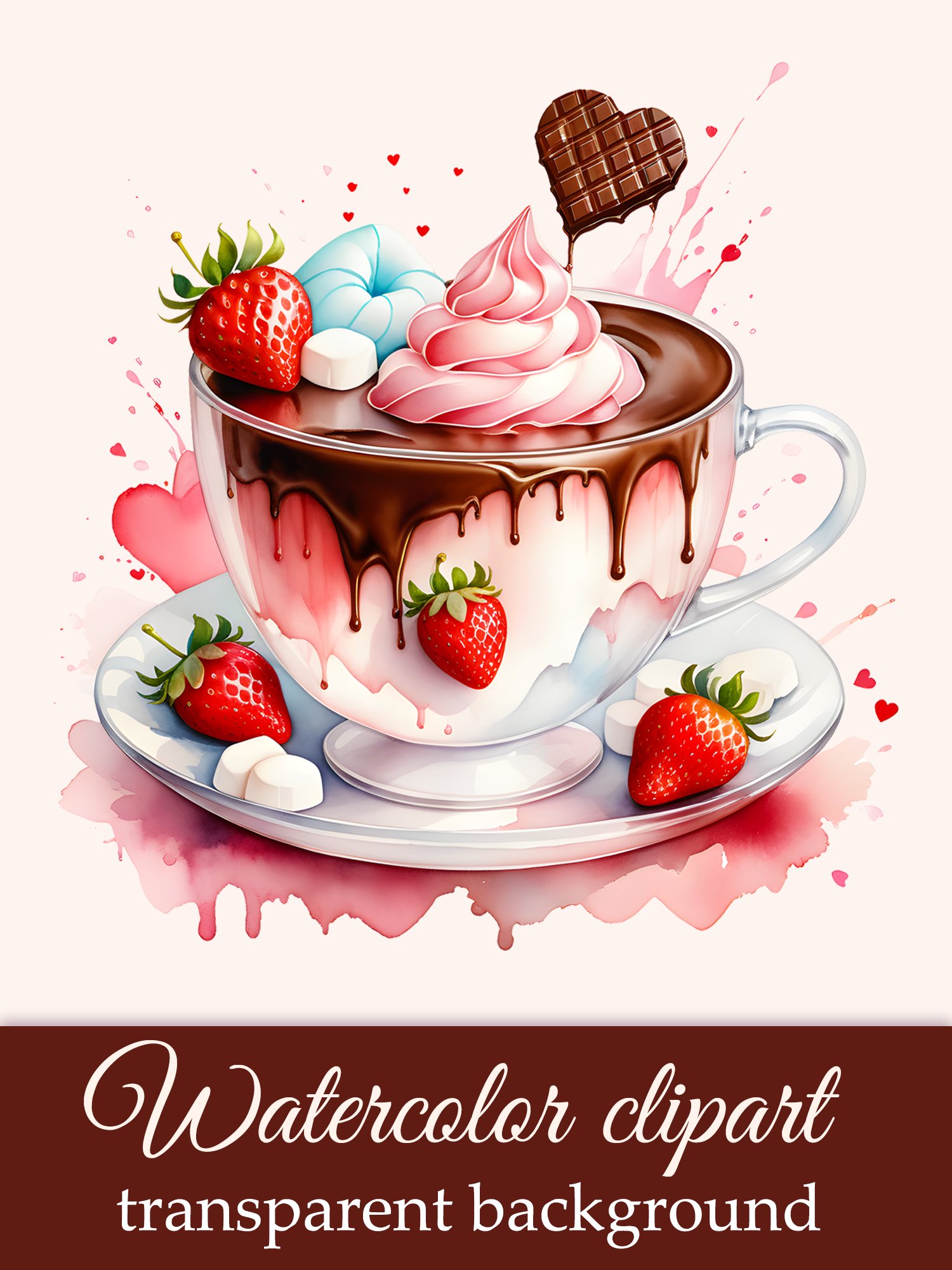 Watercolor coffee cup with hearts and chocolate, clipart Png