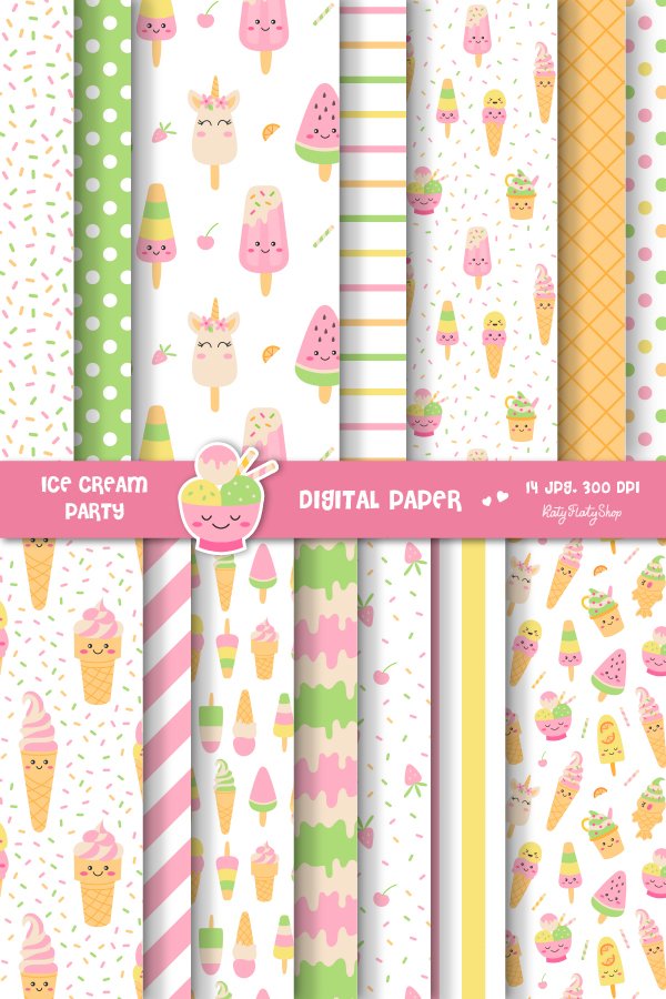 Ice cream digital paper pack, Ice cream birthday party