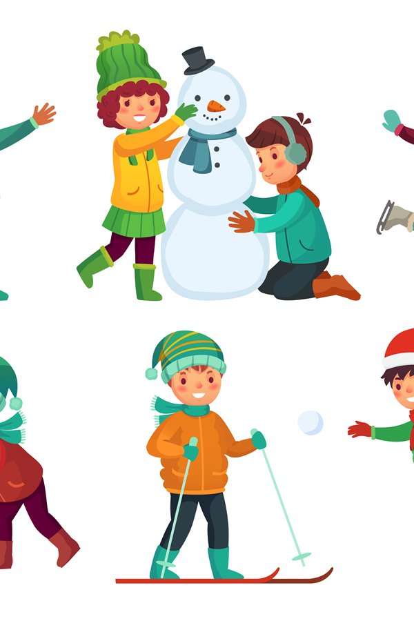 Happy kids winter activities. Children playing with snow. Ca