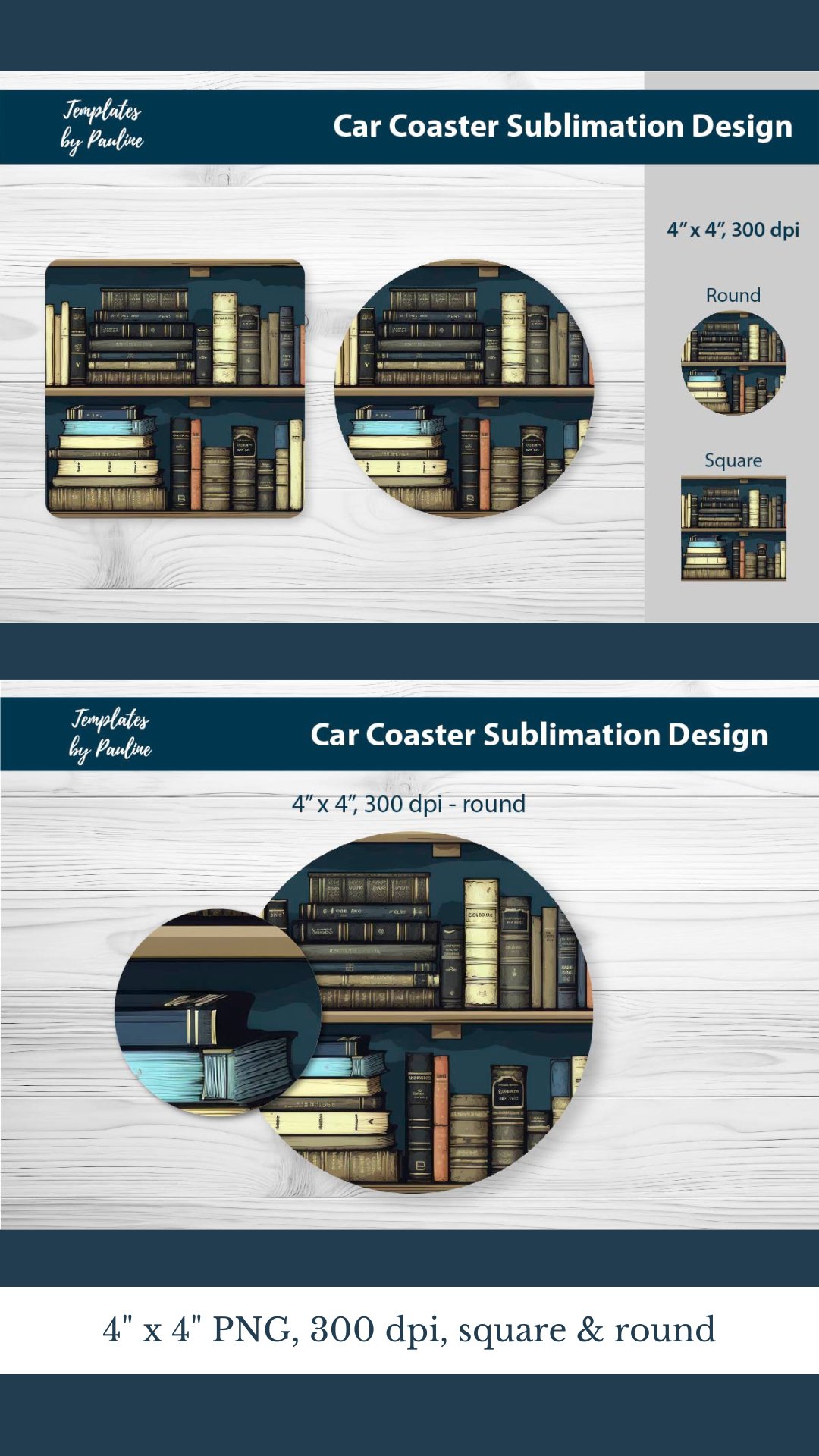 Old Books Car Coaster Sublimation, Bookshelf Design