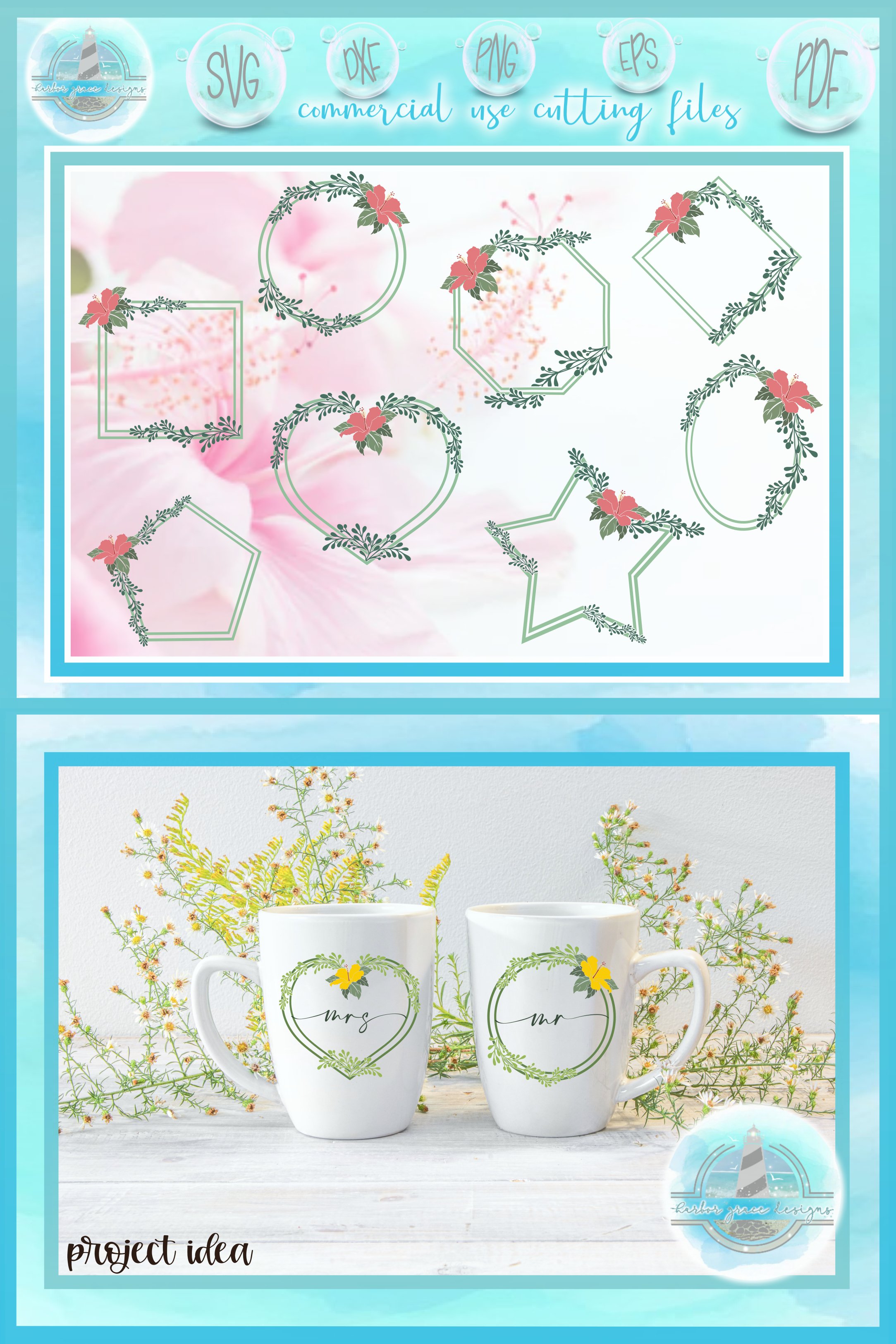 SVG Hibiscus Flower And Leaves Shape Frame Bundle SVG