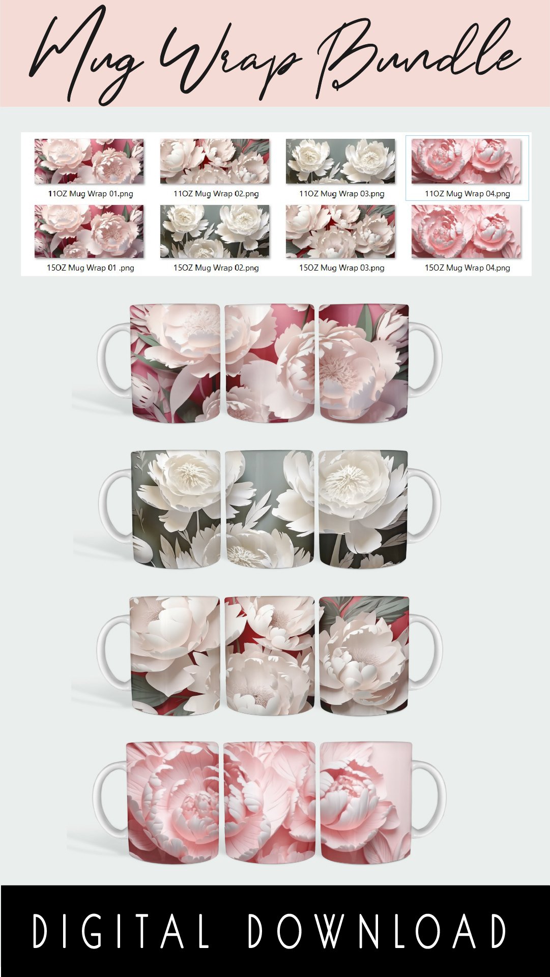 3D Mug Wrap PNG, 3D Flowers Mug Sublimation Designs