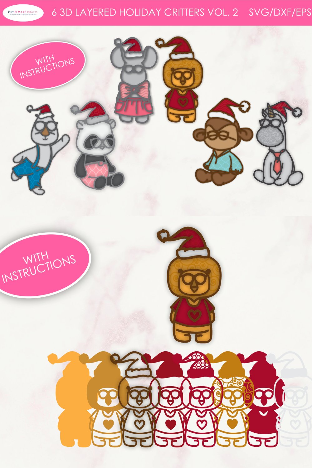 6 3D Holiday Cute Critters Layered SVG |Vol. 2