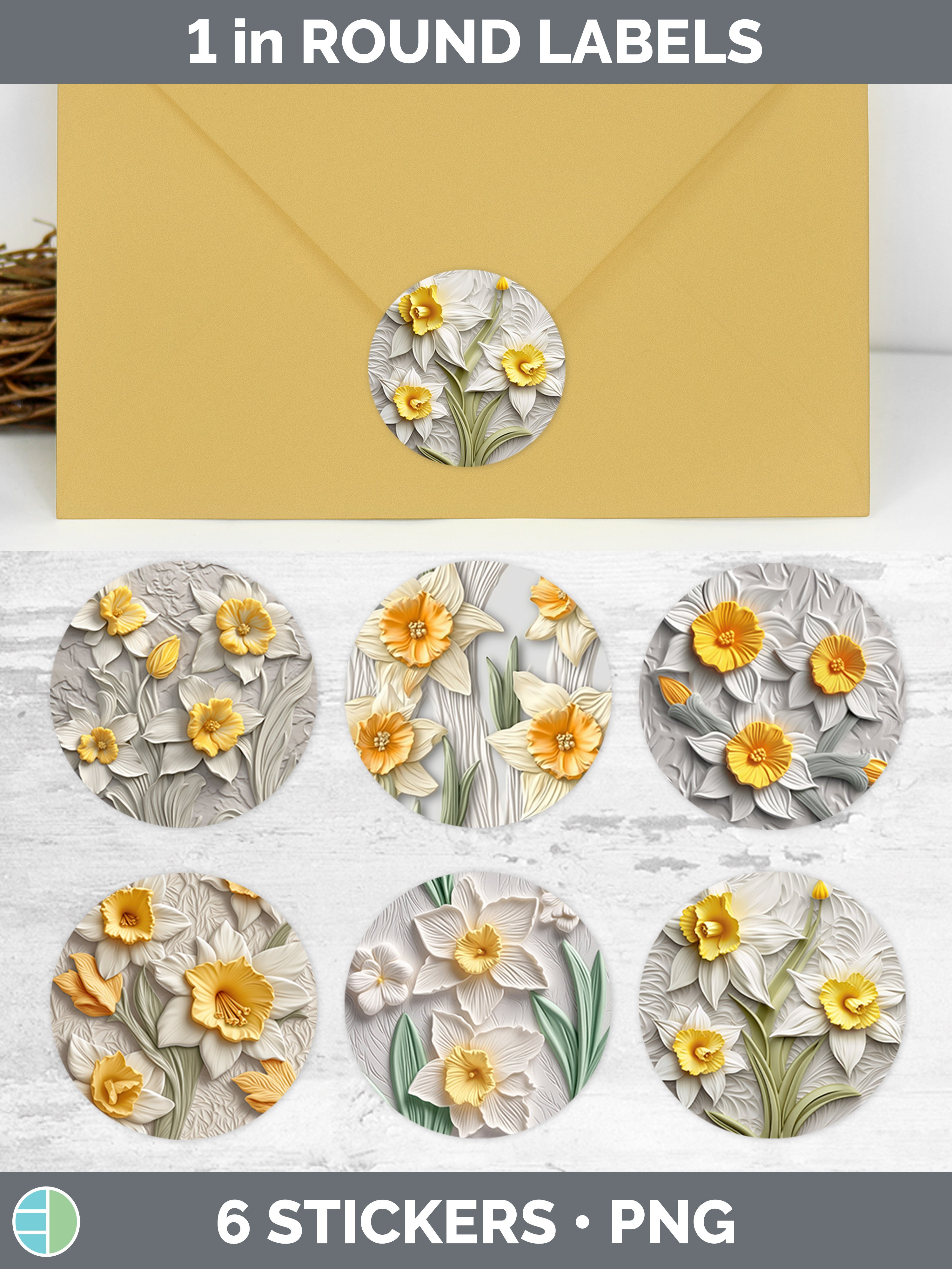 3D Daffodil Flowers Stickers | Round Labels Designs Bundle