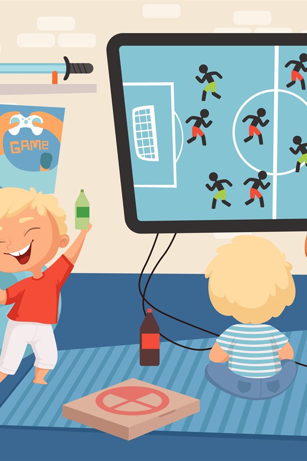 Boy gamers. Little men playing video games. Cute cartoon hap