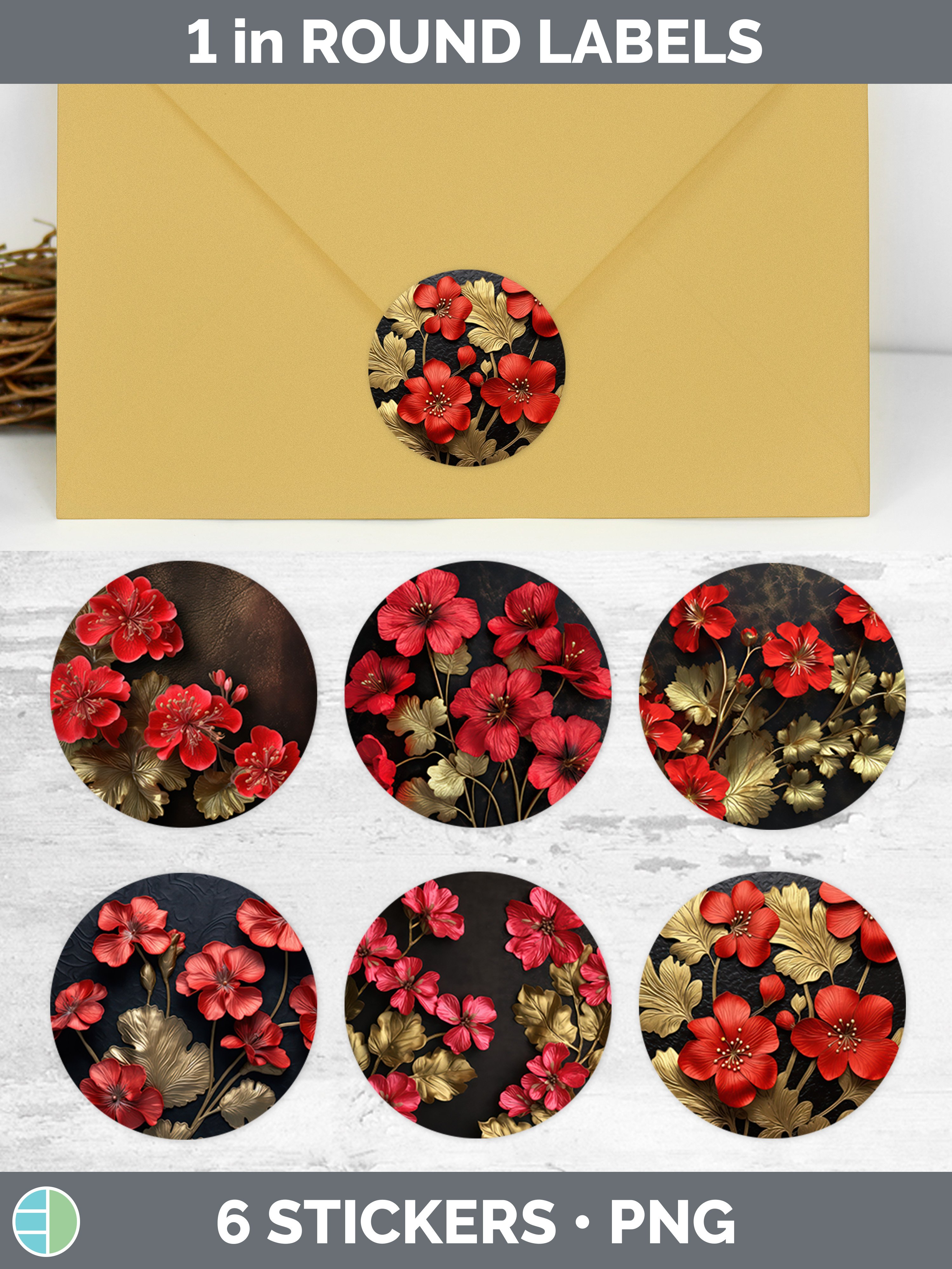3D Elegant Geranium Flowers Stickers | Round Labels Designs