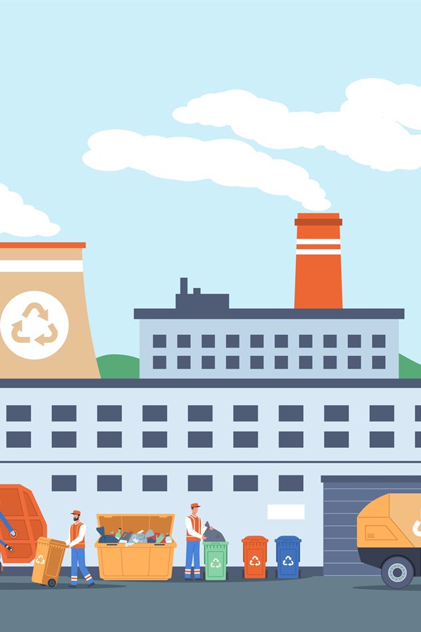 Waste factory. City recovery, garbage recycling plant work p