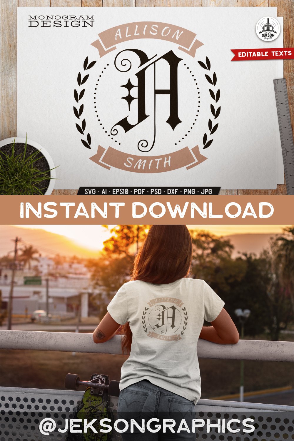 Name Monogram SVG Template With Ribbon Dots Wheat Decor DXF