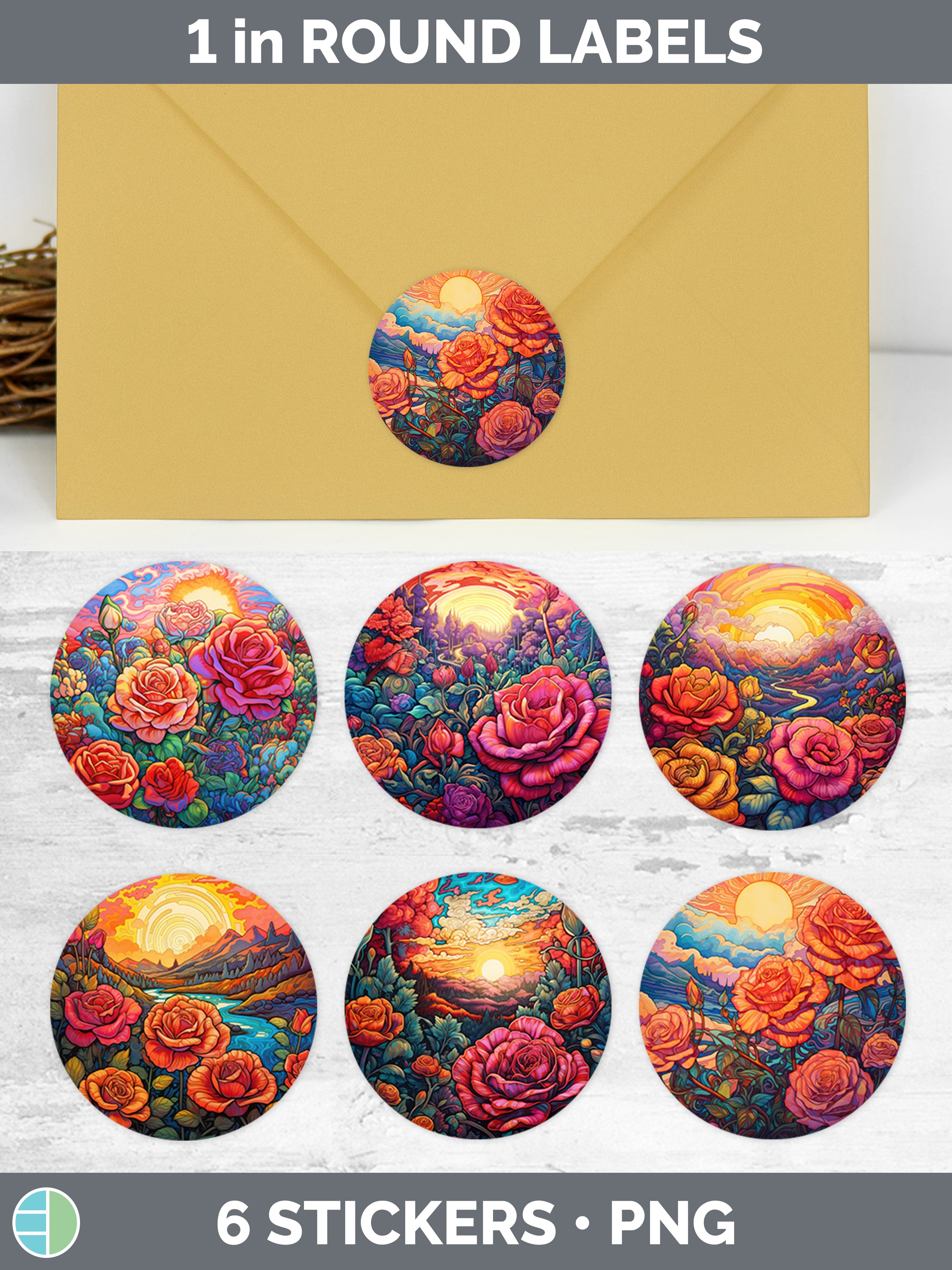 Psychedelic Rose Flowers Stickers | Round Labels Designs Bun
