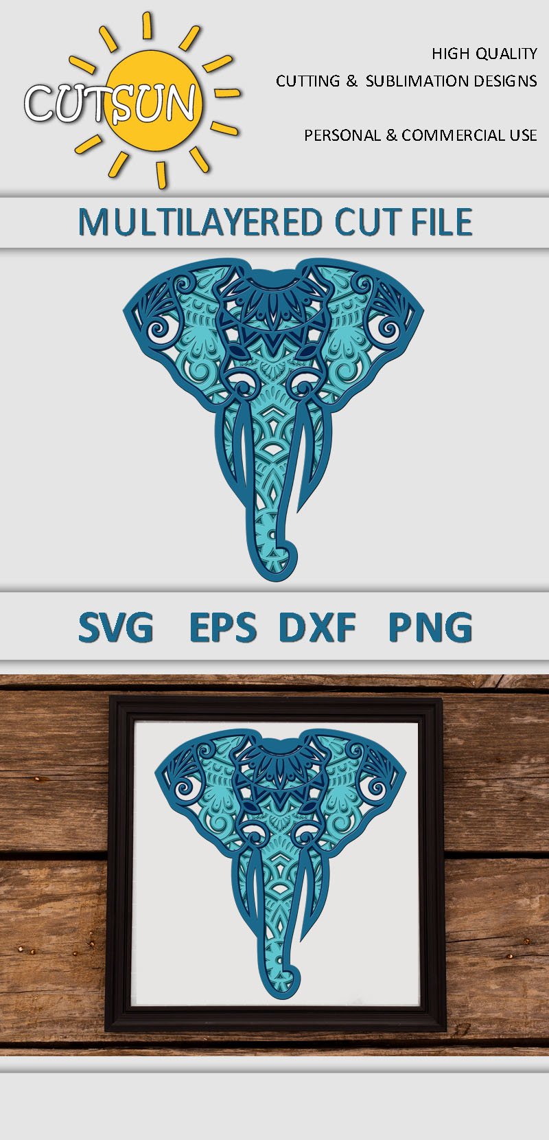 3D Layered Elephant Head 5 layers | 3D layered svg