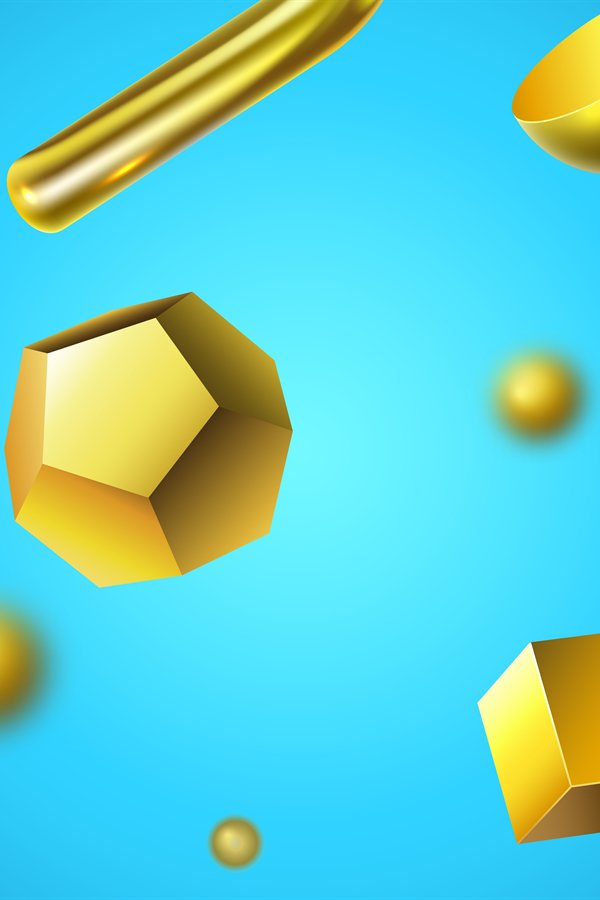 Golden abstract 3D geometric shapes. Shiny gold objects, rea