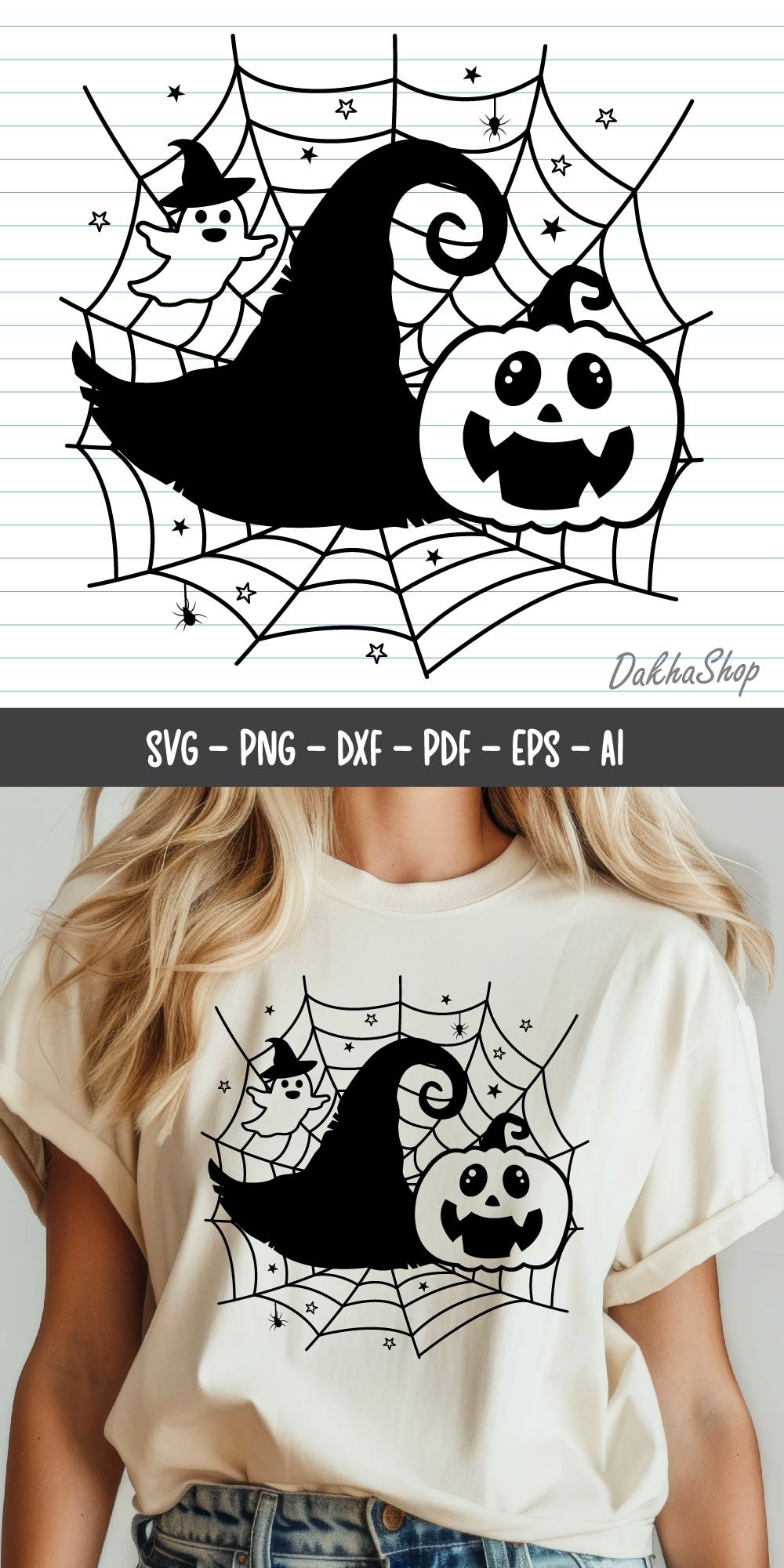Happy Halloween Witch Ghost and Pumpkin Spiderweb SVG, PNG