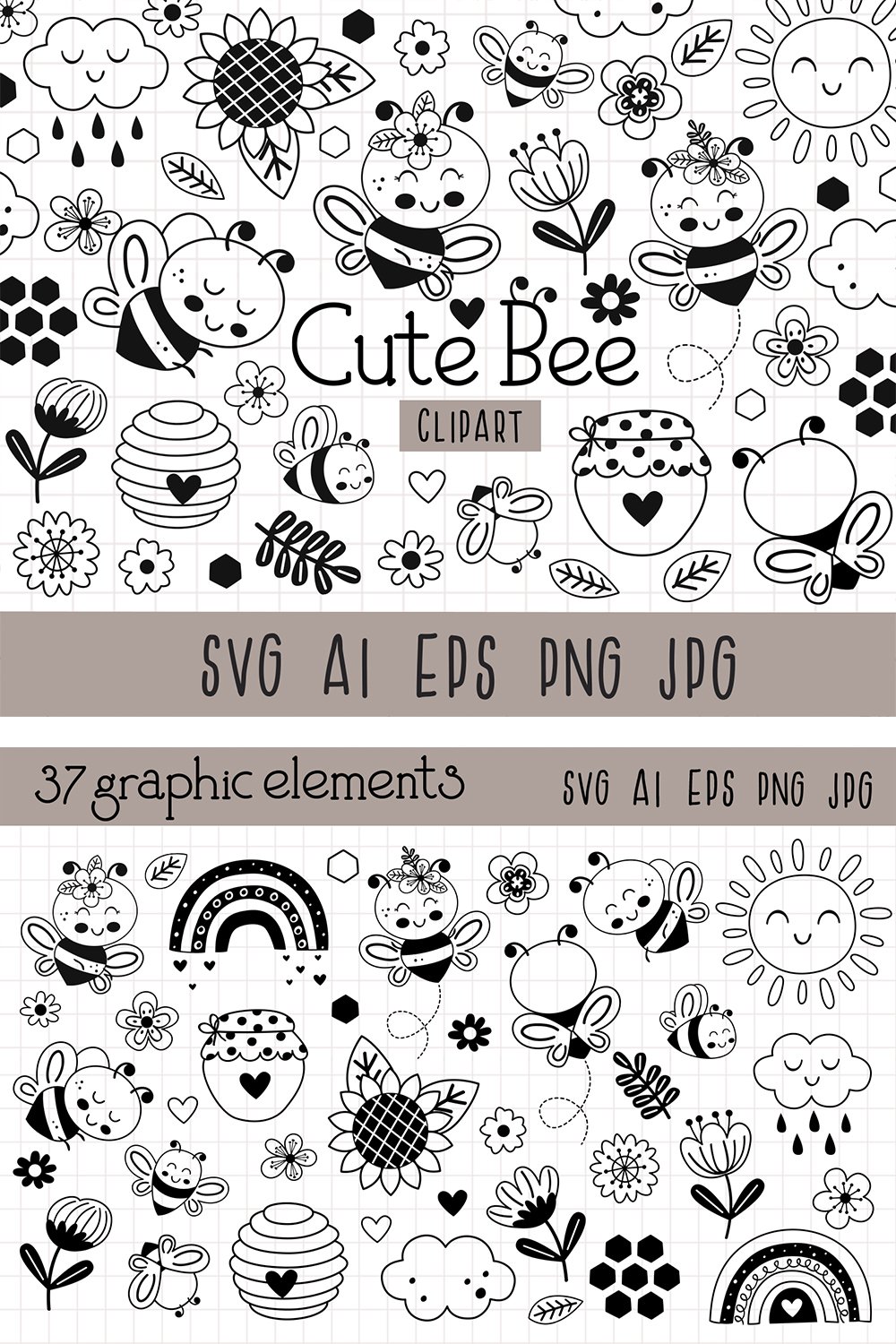 Bee clipart, Bee Svg, Black and white, flowers, sunflower