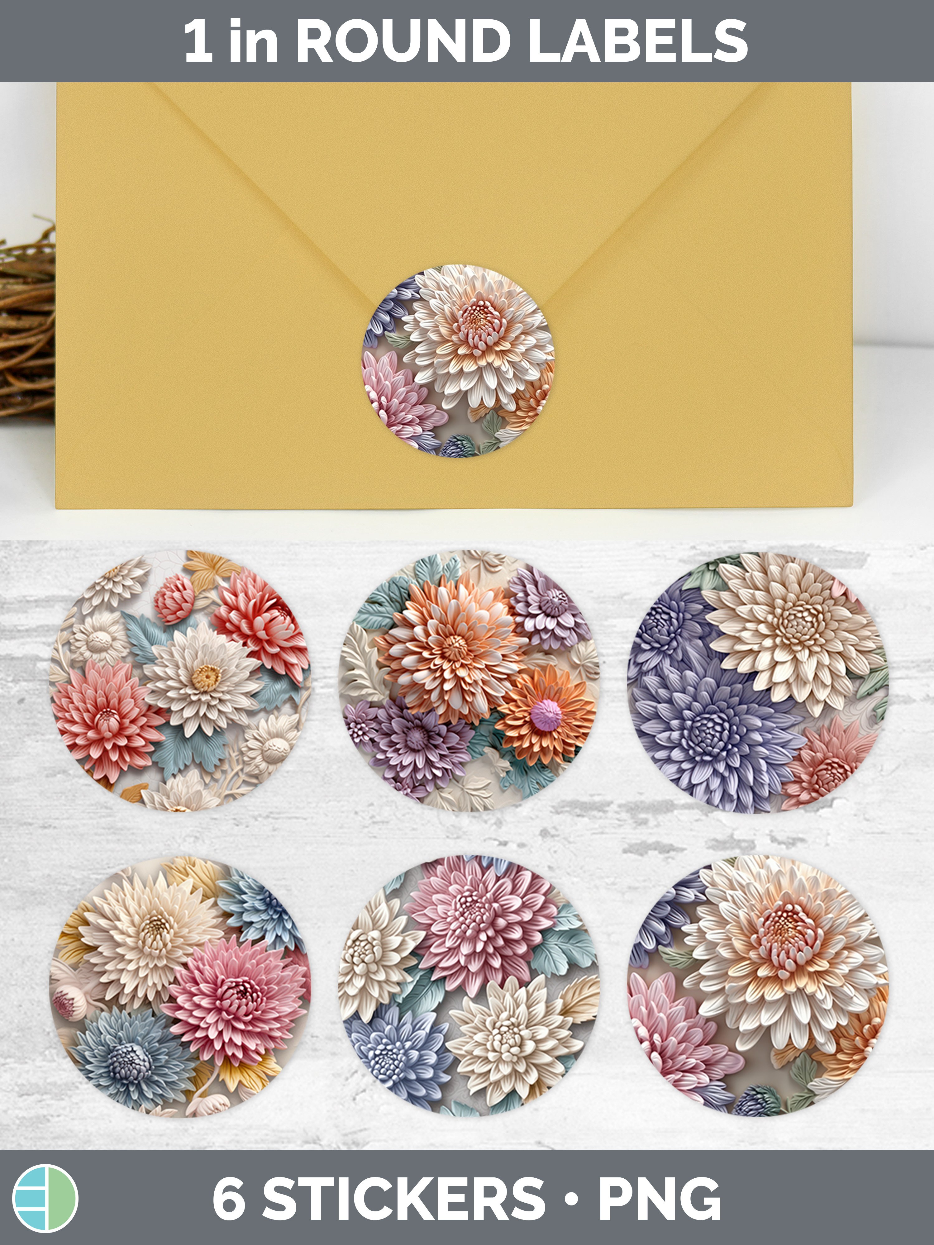 3D Chrysanthemum Flowers Stickers | Round Labels Designs Bun