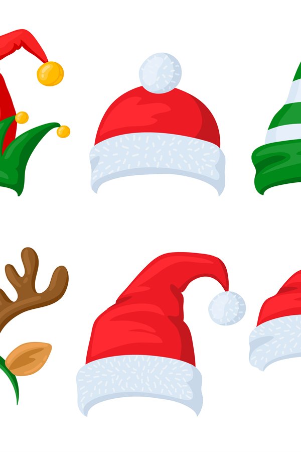 Christmas celebration hats. Cartoon Santa Claus, elf and rei