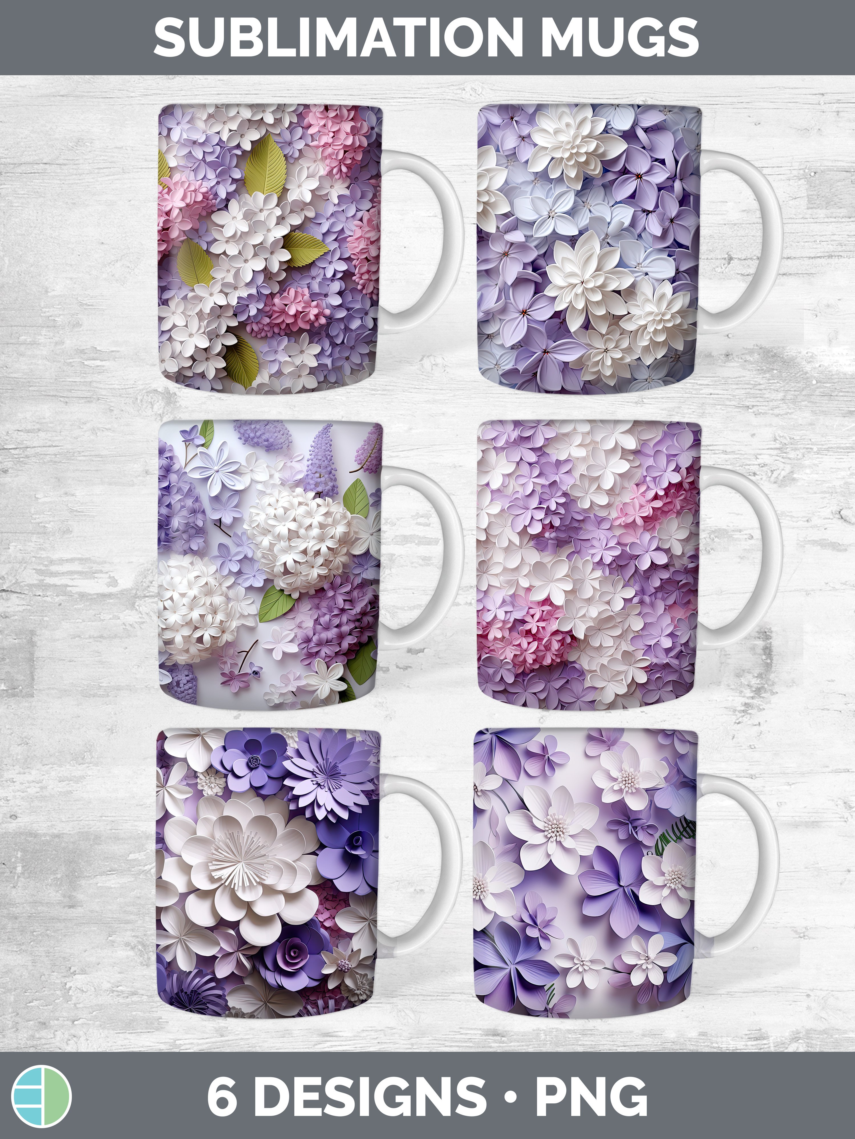 3D Paper Lilac Flowers Mug Wrap | Bundle Coffee Cup Designs