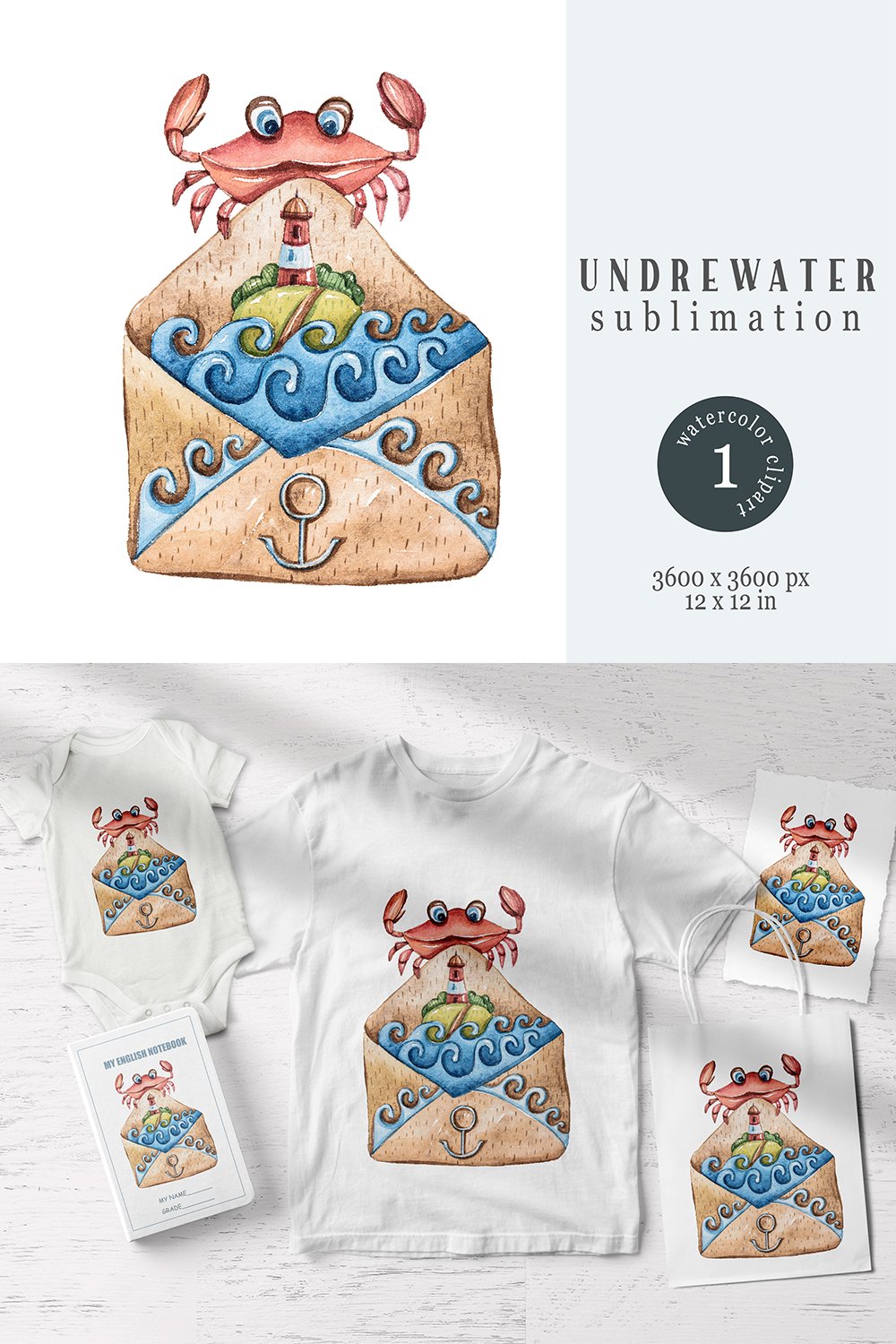 Watercolor crab underwater sublimation - 1 png file