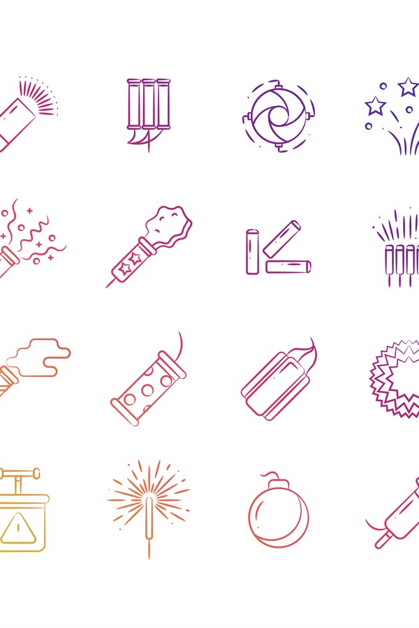 Bright holiday pyrotechnic line vector icons. Festival firew