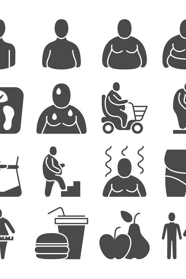 Fat obese people, overweight person vector icons