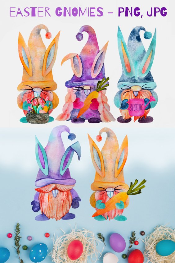 Easter Gnomes. Watercolor Gnomes. Easter Sublimation.