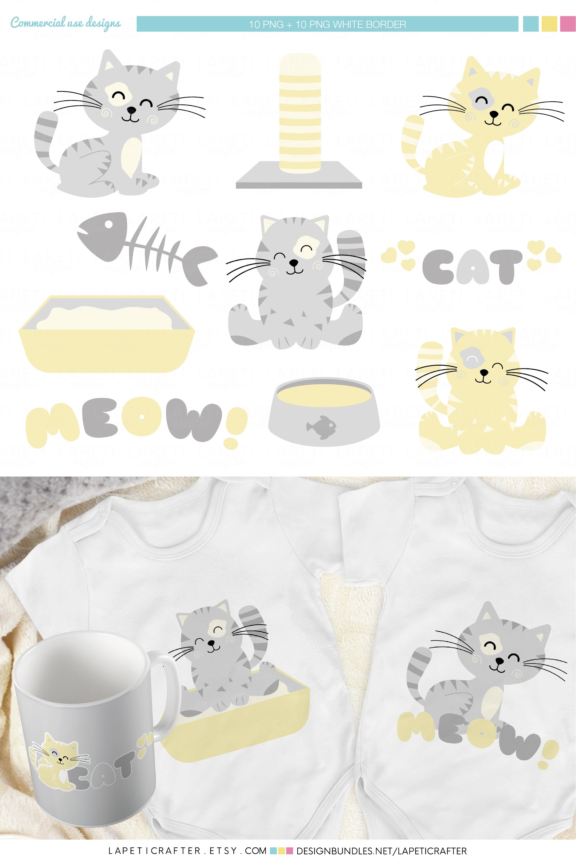 Cat illustrations in yellow and gray colors | 10 PNG files