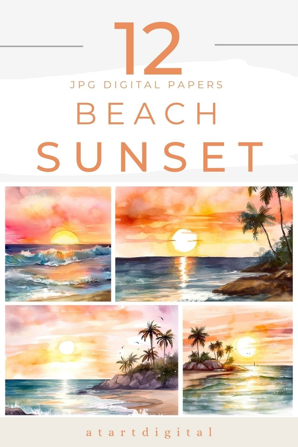 Watercolor Beach Sunsets Digital Paper Pack