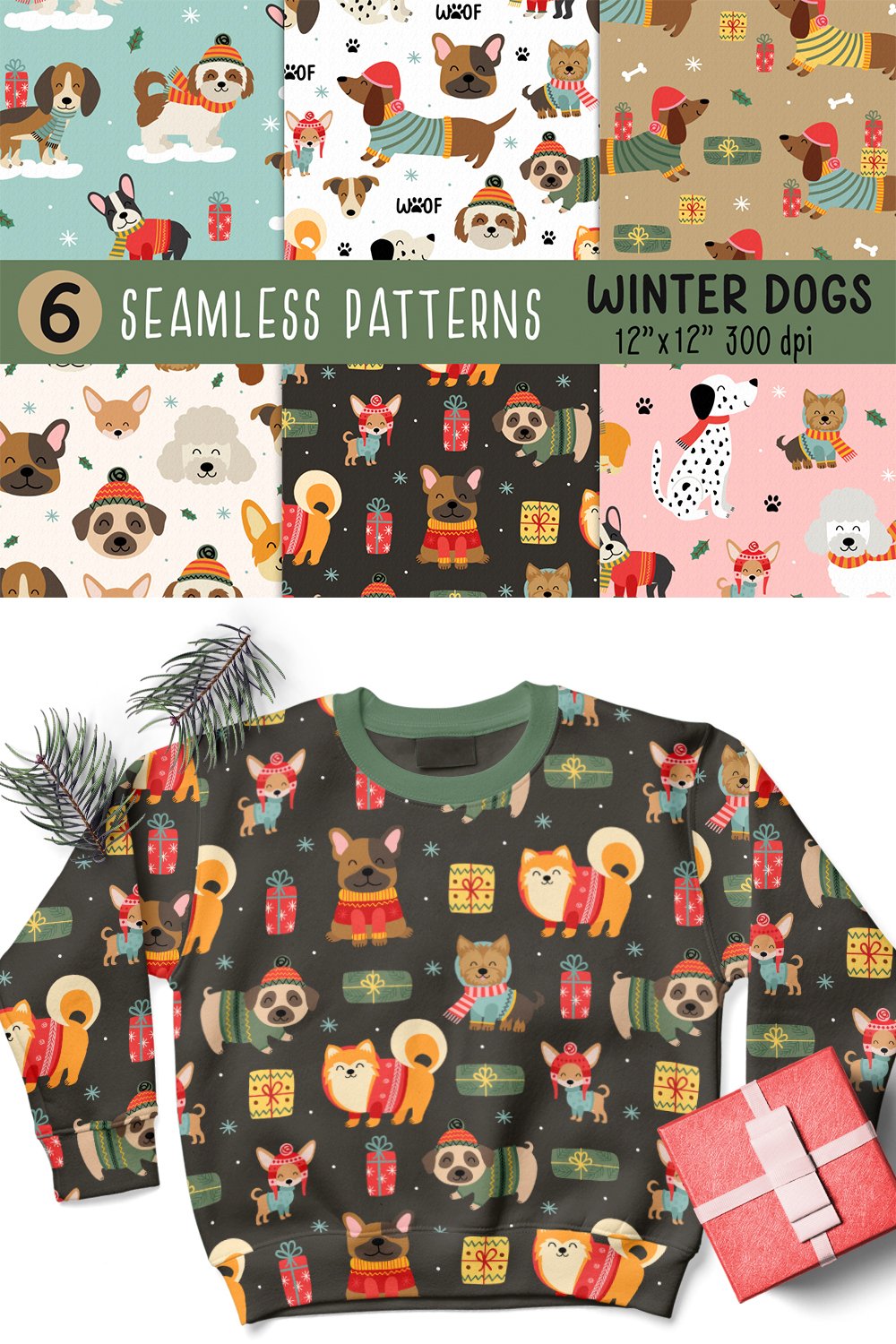 Christmas digital paper dog, Winter dog seamless pattern