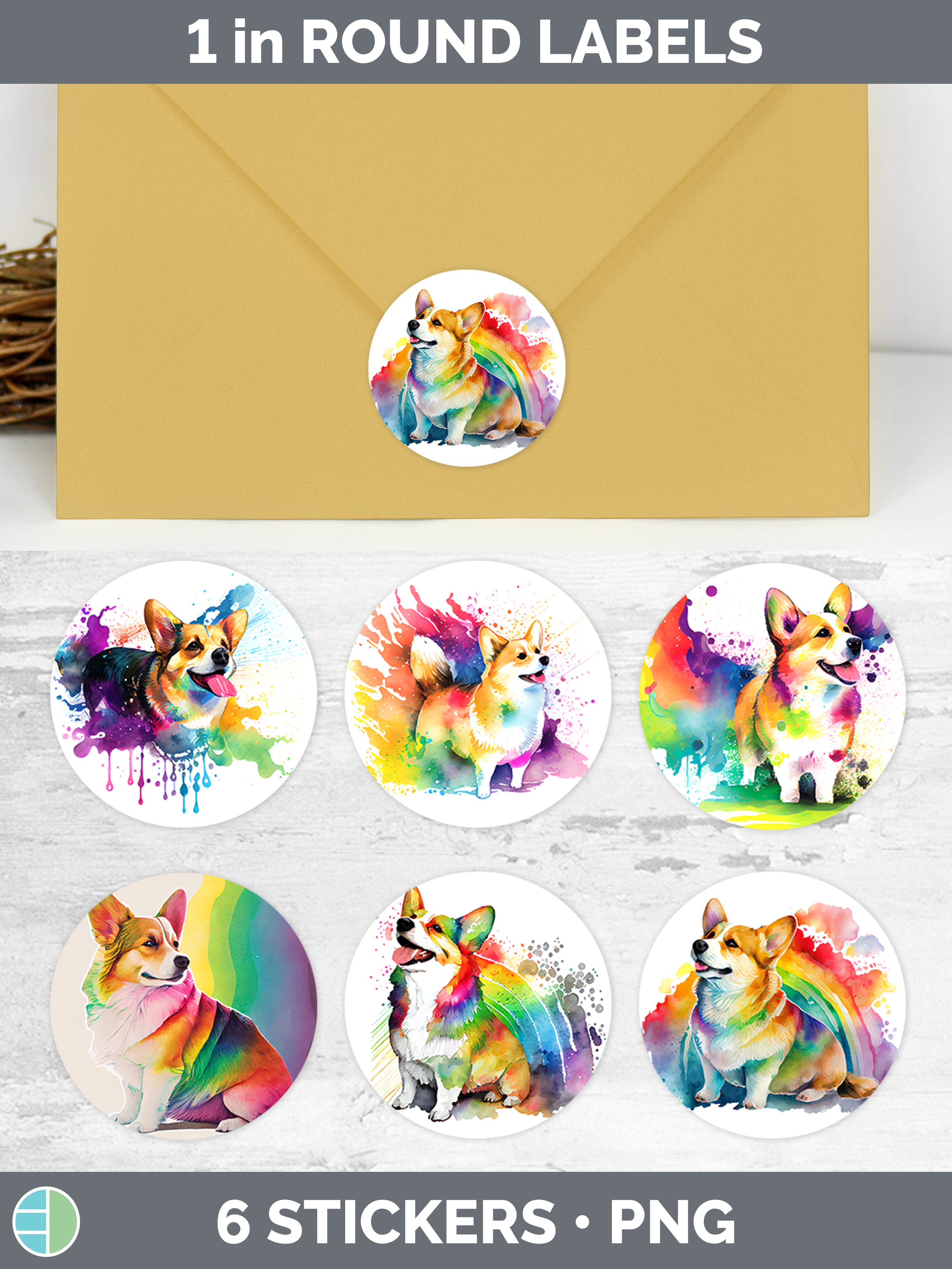 Rainbow Corgi Dog Stickers | Round Labels Designs Bundle