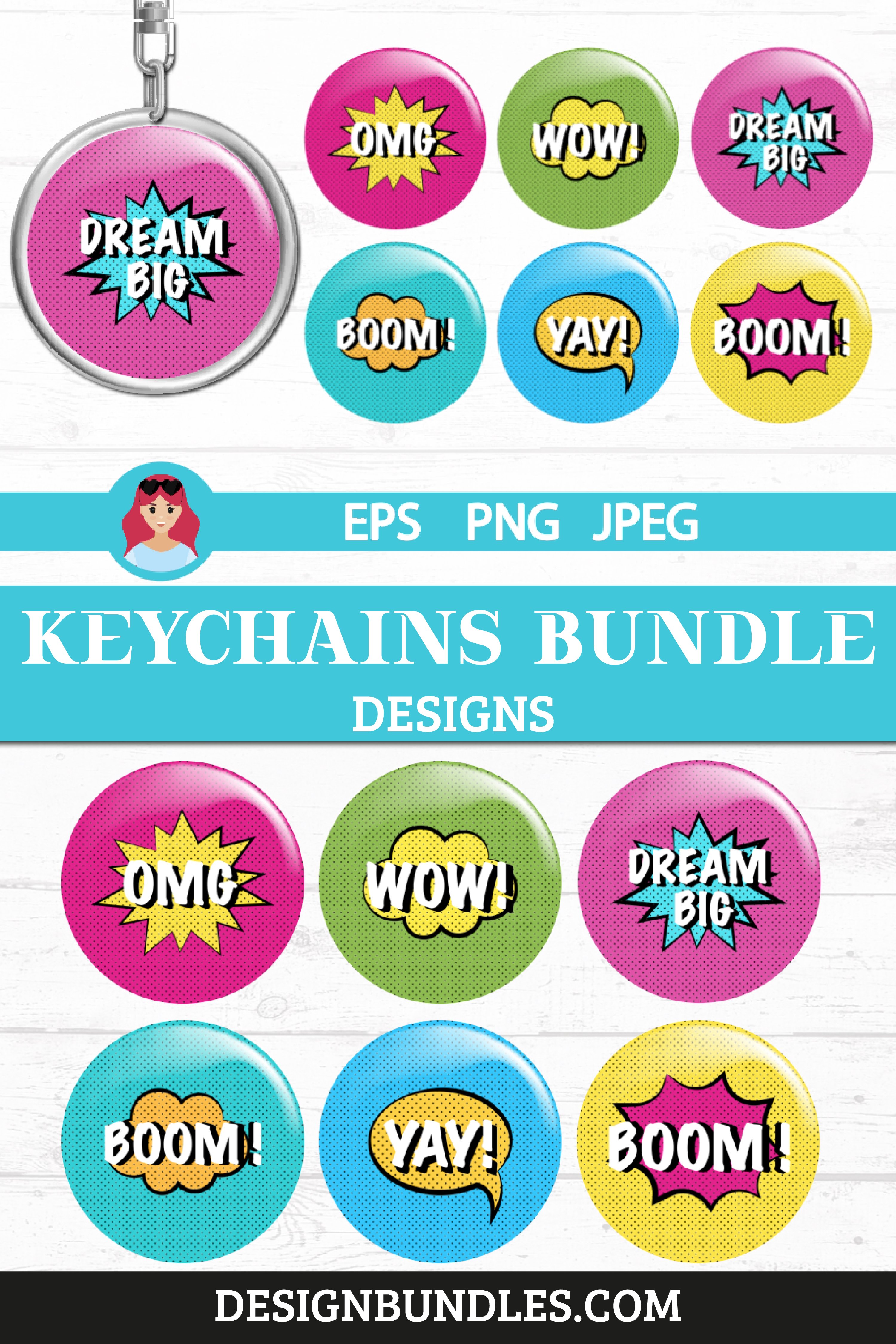 6 Comic Keychains designs exclamations, bright keychains