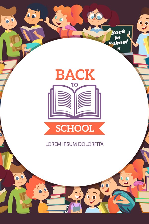 School people characters. Various cartoon background with bo