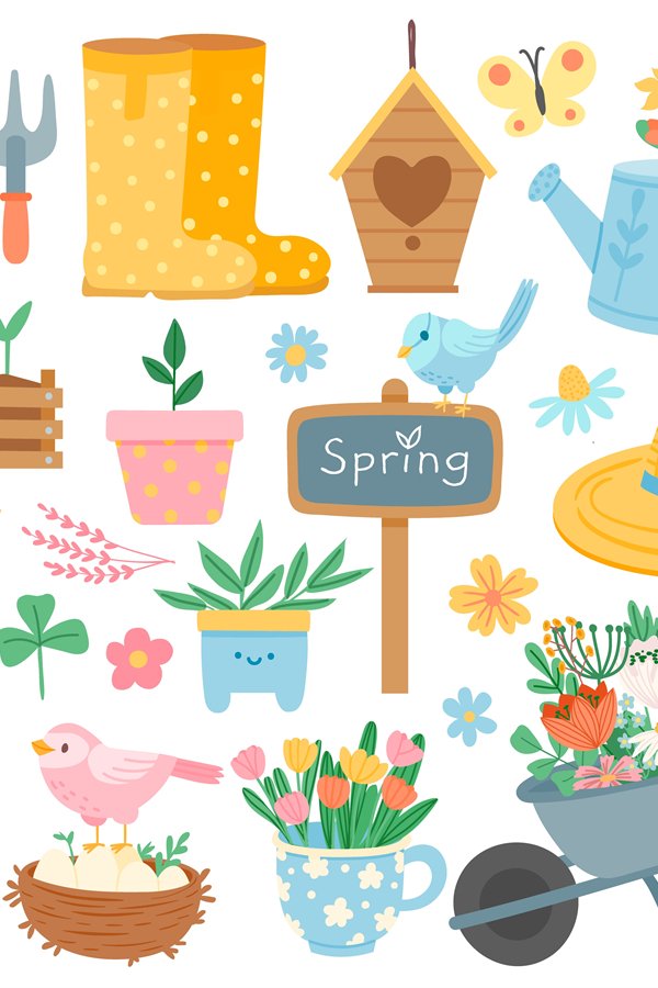 Spring elements. Blooming flower, cute animals and birds. Sp