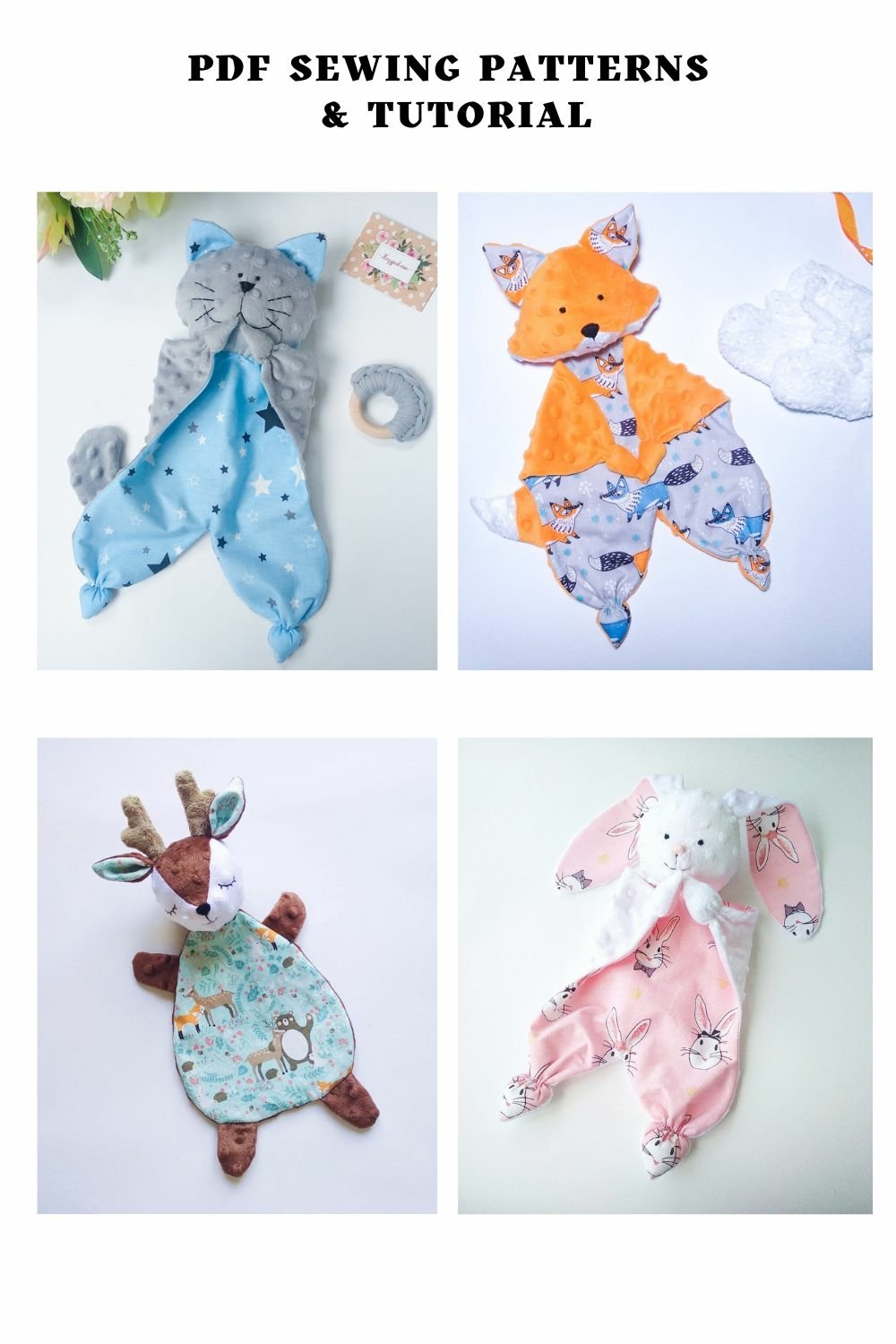 Set of 4 toy sewing patterns: Cat,Fox,Deer and Bunny
