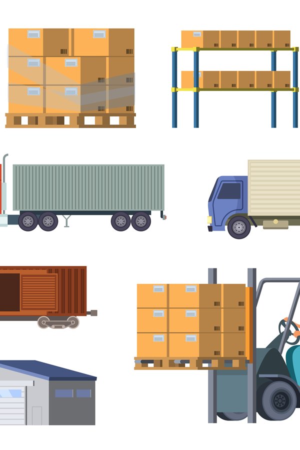 Warehouse and logistics processes. Worker with packages. Dif